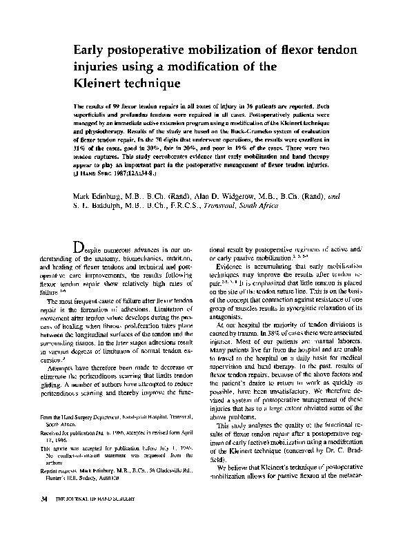 (PDF) Early postoperative mobilization of flexor tendon injuries using ...