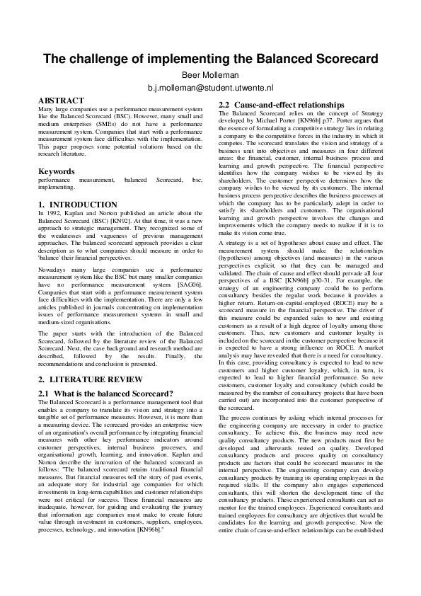 (PDF) The challenge of implementing the Balanced Scorecard