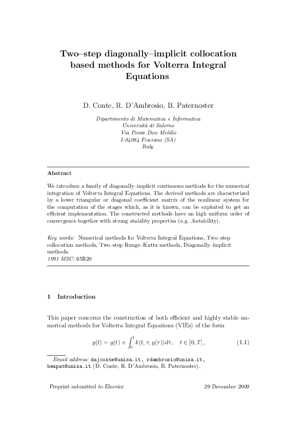 (PDF) Two-step diagonally-implicit collocation based methods for Volterra Integral Equations