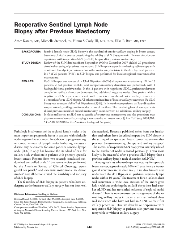 (PDF) Reoperative Sentinel Lymph Node Biopsy after Previous Mastectomy ...