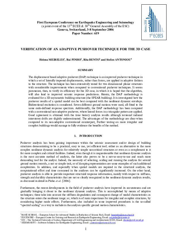 (PDF) VERIFICATION OF AN ADAPTIVE PUSHOVER TECHNIQUE FOR THE 3D CASE