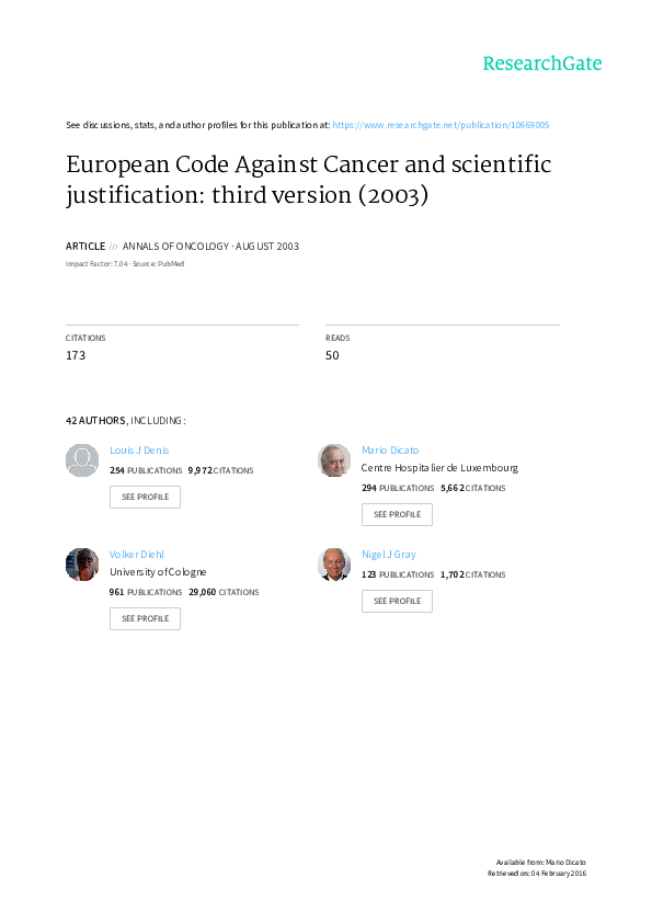 (PDF) European Code Against Cancer and scientific justification: third ...