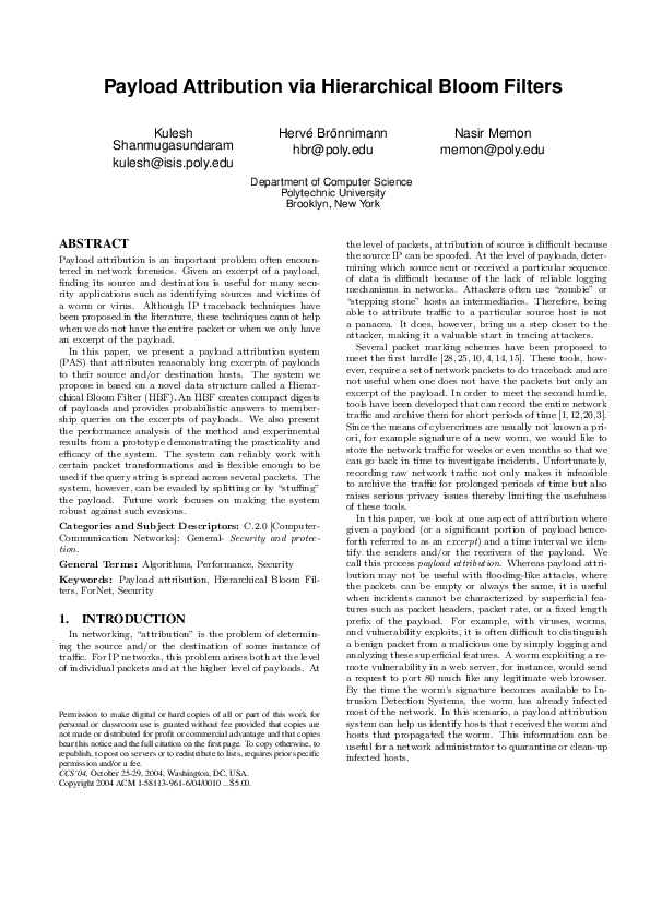 (PDF) Payload attribution via hierarchical bloom filters | Kulesh Shanmugasundaram and Hervé ...
