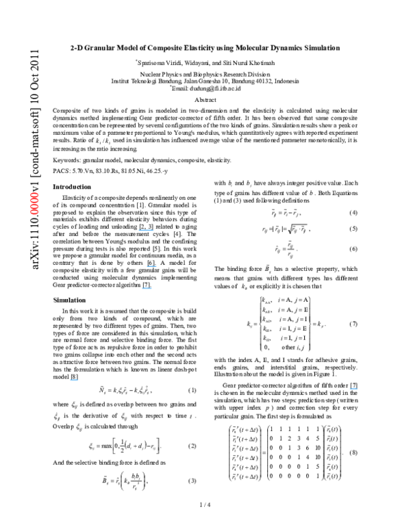 Pdf 2 D Granular Model Of Composite Elasticity Using Molecular Dynamics Simulation