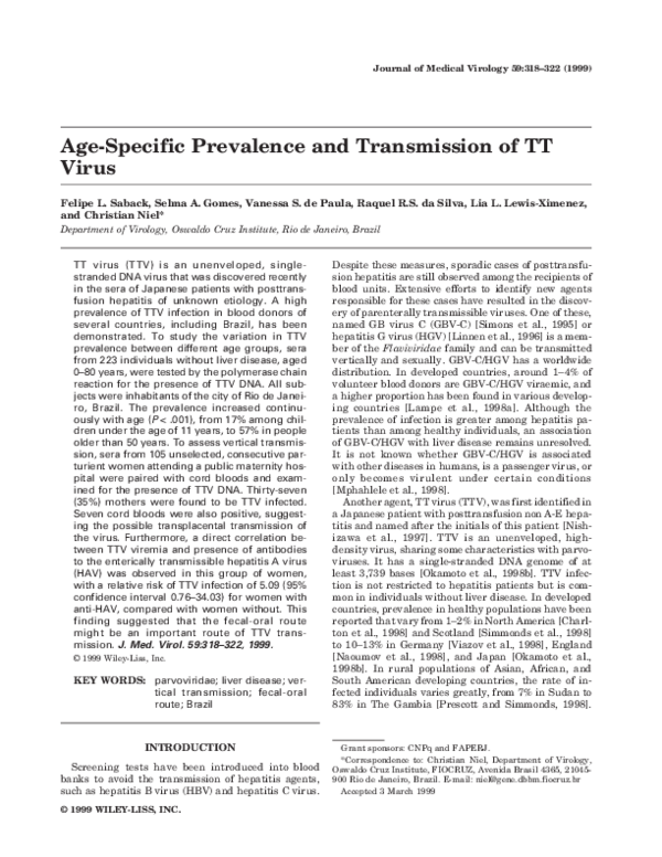 (PDF) Age-specific prevalence and transmission of TT virus