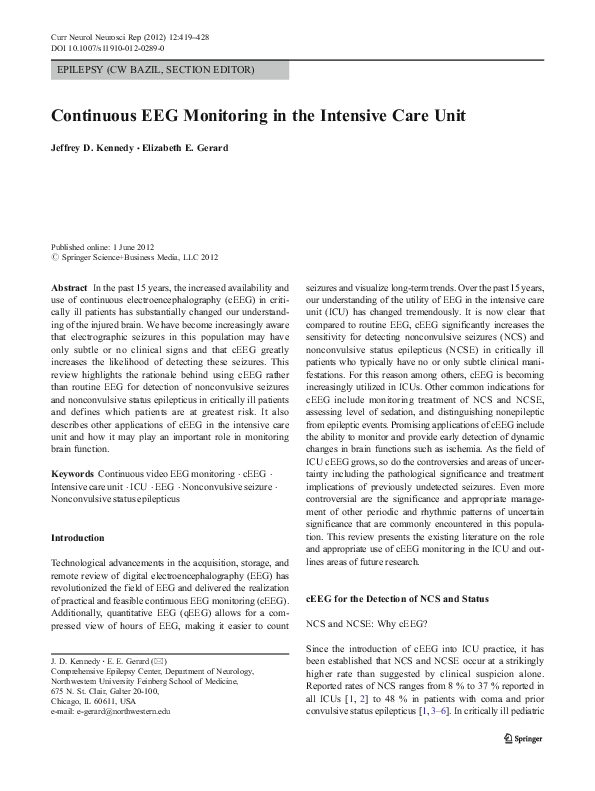 (PDF) Continuous EEG Monitoring in the Intensive Care Unit: Technical ...