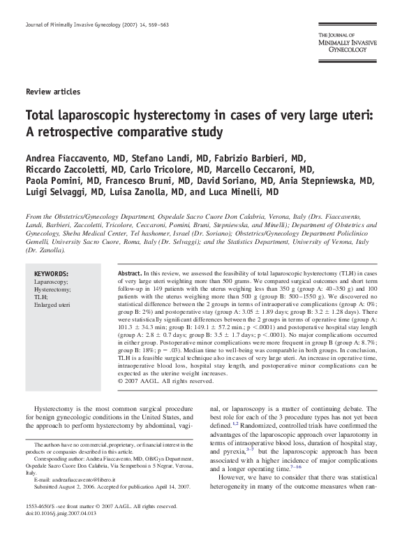 (PDF) Total laparoscopic hysterectomy in cases of very enlarged uteri ...