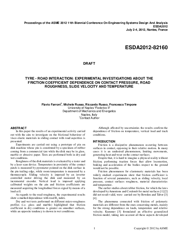Pdf Tyre Road Interaction Experimental Investigations About The Friction Coefficient