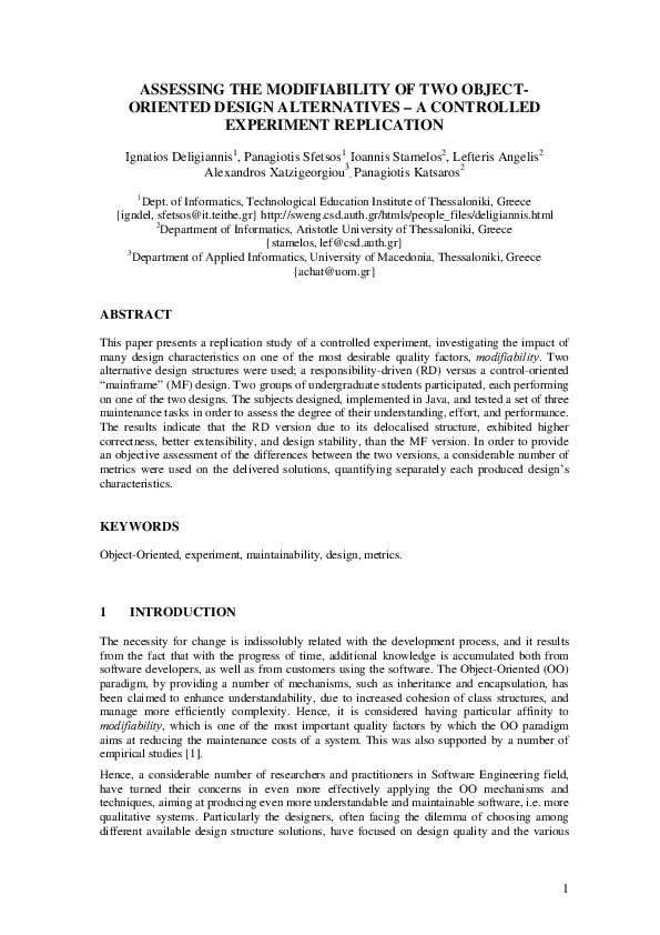(PDF) ASSESSING THE MODIFIABILITY OF TWO OBJECT ORIENTED DESIGN ALTERNATIVES - A CONTROLLED ...