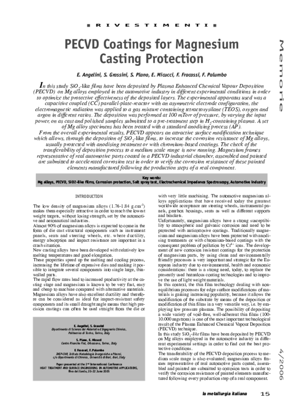(PDF) PECVD Coatings for Magnesium Casting Protection
