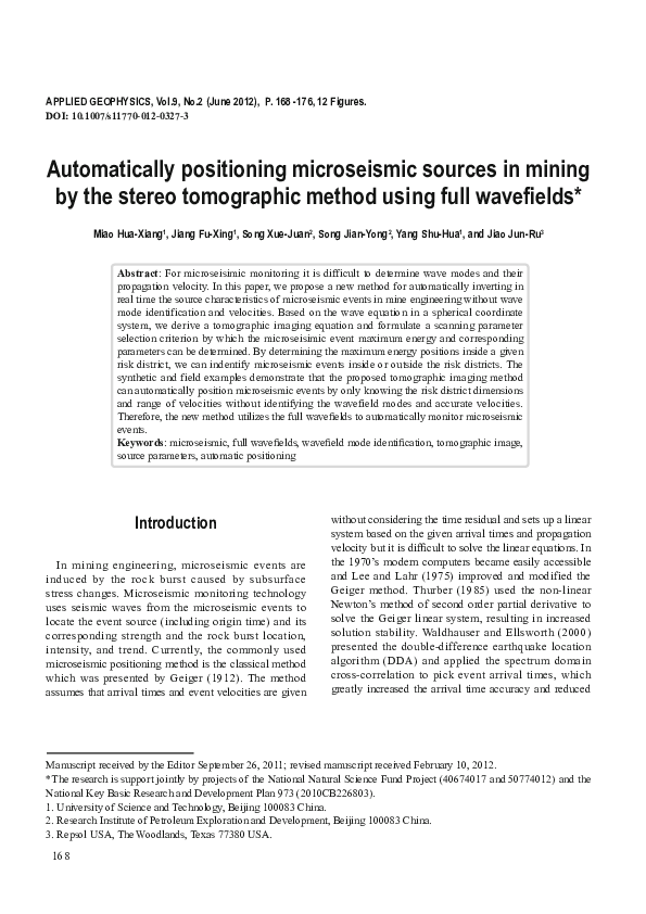 (PDF) Automatically positioning microseismic sources in mining by the stereo tomographic method ...