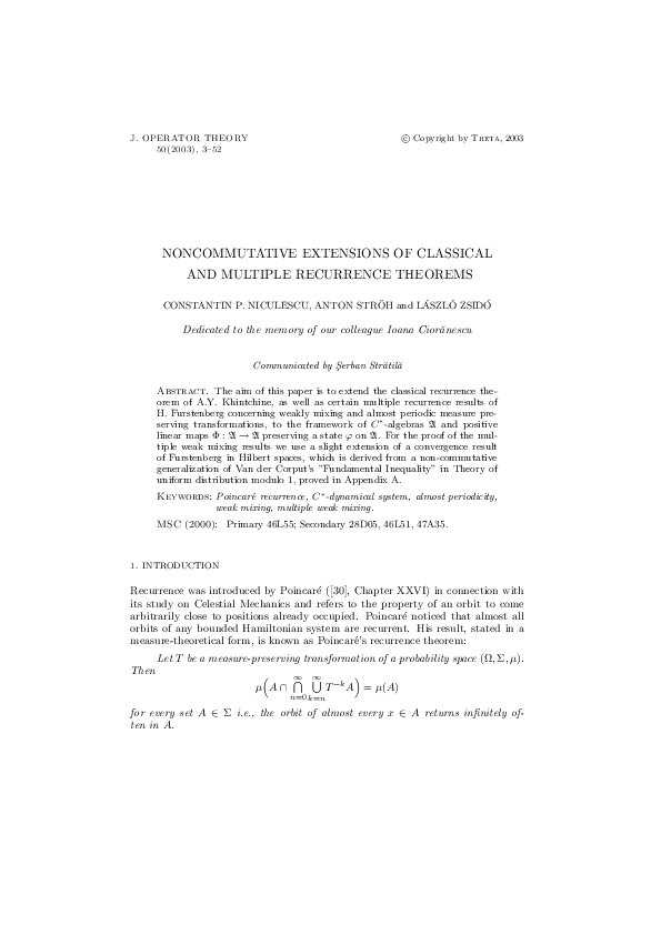 (PDF) Noncommutative extensions of classical and multiple recurrence theorems