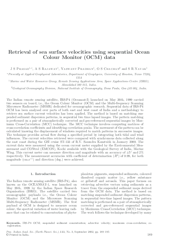 (PDF) Retrieval of sea surface velocities using sequential Ocean Colour ...