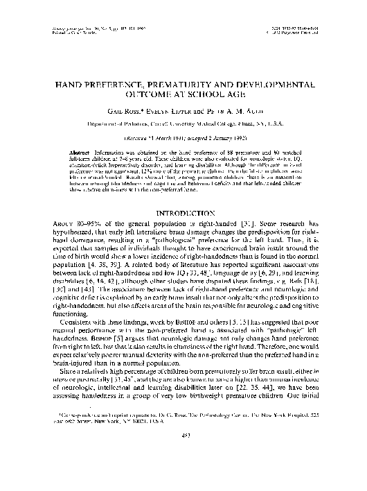 (PDF) Hand preference, prematurity and developmental outcome at school age