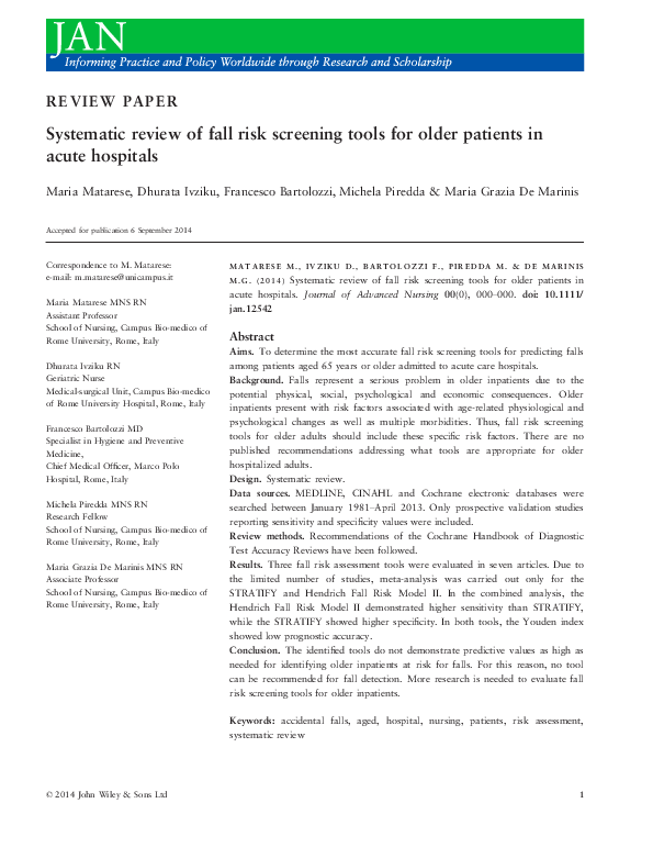 (PDF) Systematic review of fall risk screening tools for older patients ...