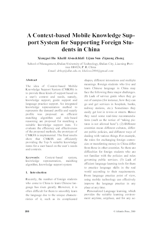 (PDF) A Context-based Mobile Knowledge Sup- port System for Supporting Foreign Stu- dents in China