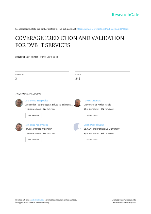 (PDF) COVERAGE PREDICTION AND VALIDATION FOR DVB-T SERVICES