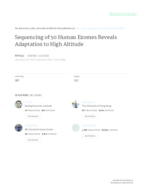 (PDF) Sequencing of 50 Human Exomes Reveals Adaptation to High Altitude