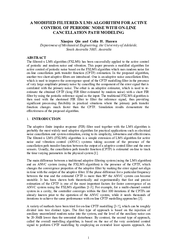 Pdf A Modified Filtered X Lms Algorithm For Active Control Of Periodic Noise With On Line 4012