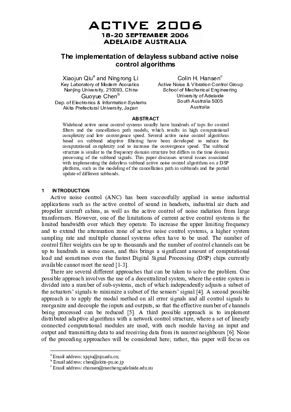 Pdf The Implementation Of Delayless Subband Active Noise Control Algorithms