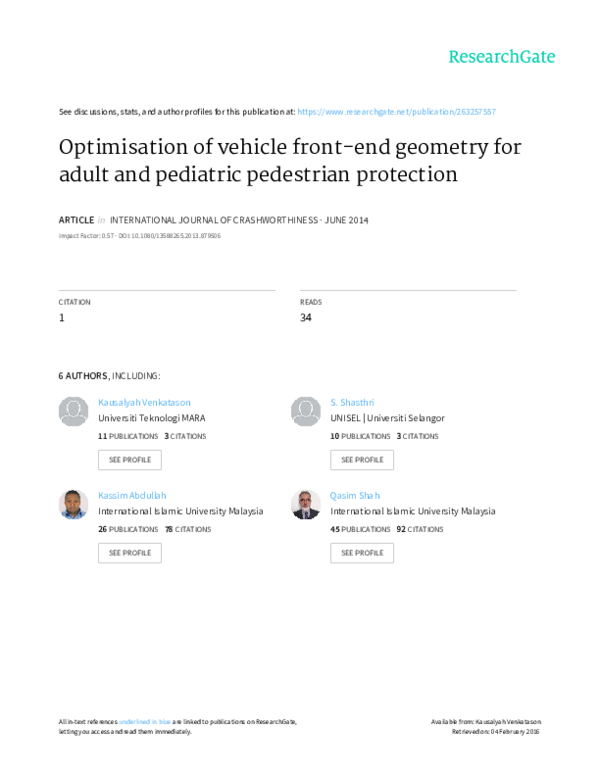 (PDF) Optimisation of vehicle front-end geometry for adult and ...