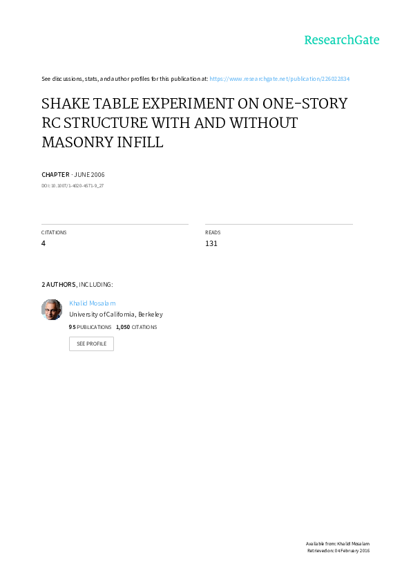 Pdf Shake Table Experiment On One Story Rc Structure With And Without