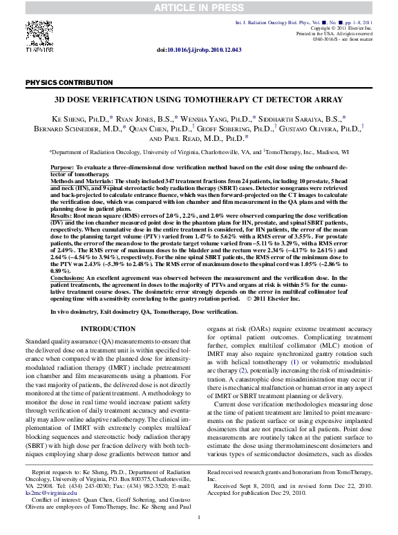 (PDF) 3D Dose Verification Using Tomotherapy CT Detector Array