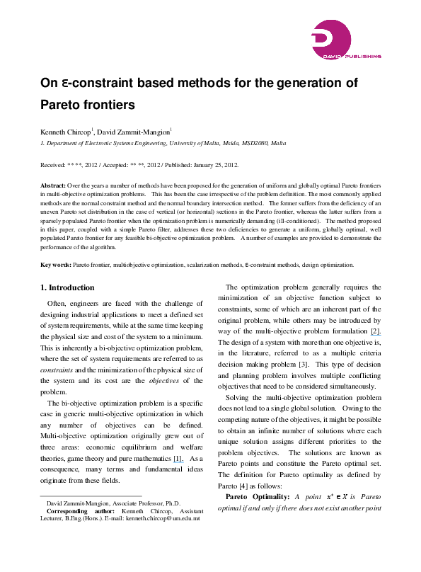 Pdf On Epsilon Constraint Based Methods For The Generation Of Pareto