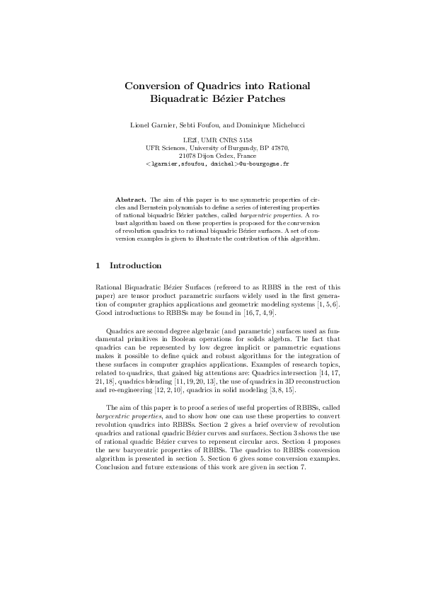 (PDF) Conversion of Quadrics into Rational Biquadratic Bézier Patches