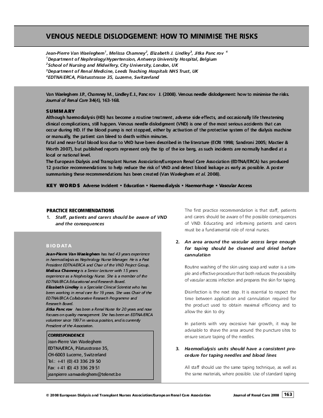 (PDF) VENOUS NEEDLE DISLODGEMENT: HOW TO MINIMISE THE RISKS