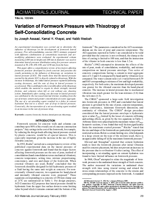 Pdf Variation Of Formwork Pressure With Thixotropy Of Self Consolidating Concrete