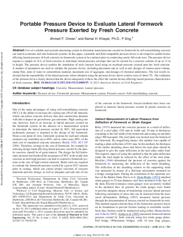 Pdf Portable Pressure Device To Evaluate Lateral Formwork Pressure Exerted By Fresh Concrete