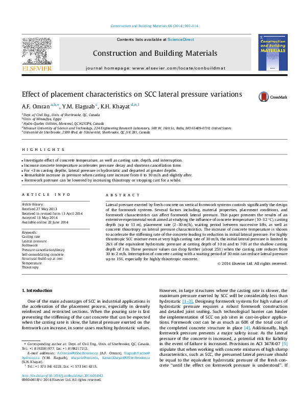 (PDF) Effect of placement characteristics on SCC lateral pressure ...