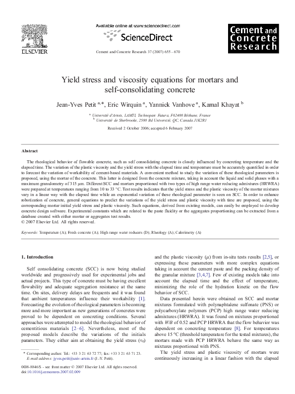 (PDF) Yield stress and viscosity equations for mortars and self ...