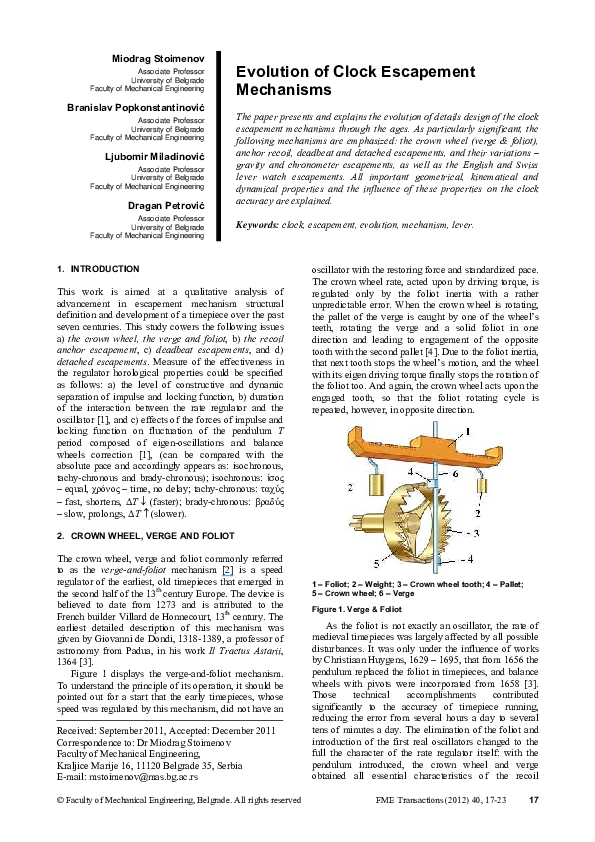 (PDF) Evolution of Clock Escapement Mechanisms