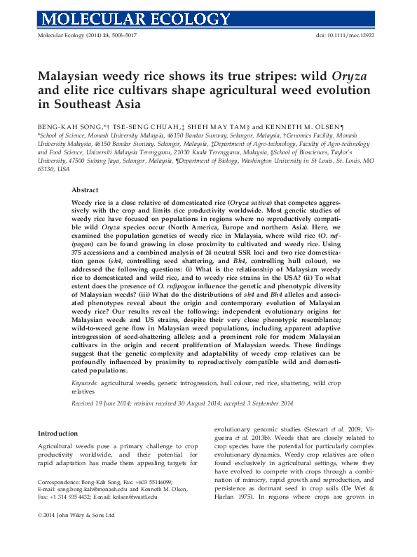 (PDF) Malaysian weedy rice shows its true stripes: wild Oryza and elite ...