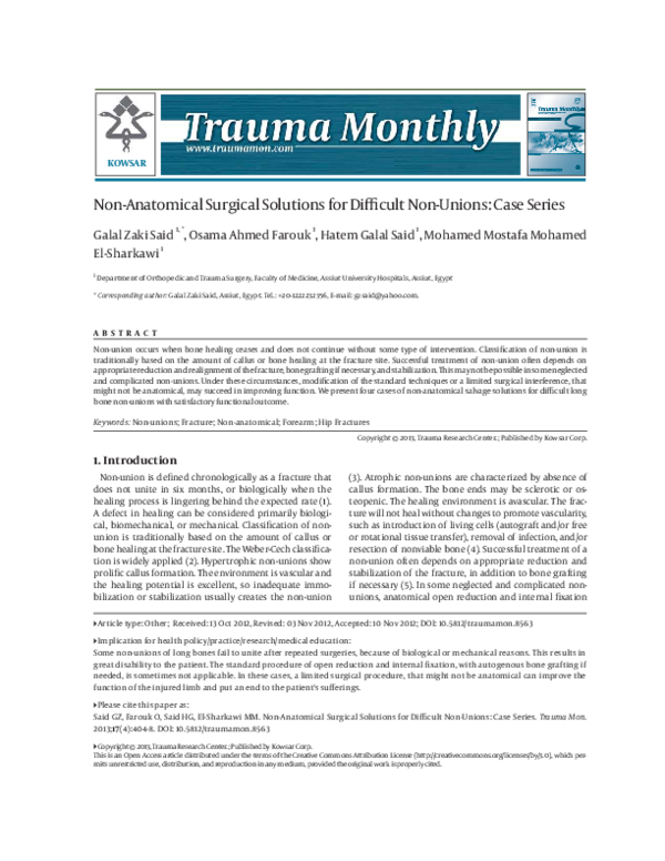 (PDF) Non-Anatomical Surgical Solutions for Difficult Non-Unions: Case ...