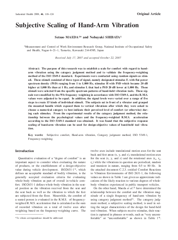 (PDF) Subjective Scaling of Hand-Arm Vibration