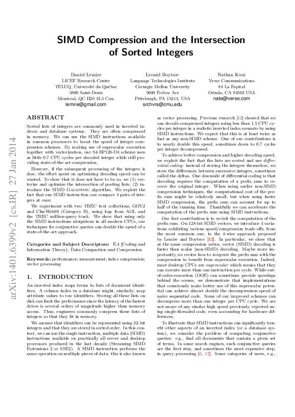 Pdf Simd Compression And The Intersection Of Sorted Integers