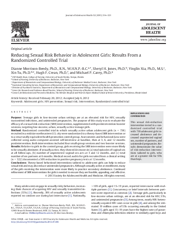 Pdf Reducing Sexual Risk Behavior In Adolescent Girls Results From A Randomized Controlled Trial 