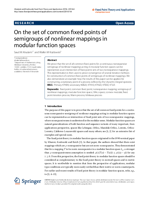 Pdf On The Set Of Common Fixed Points Of Semigroups Of Nonlinear Mappings In Modular Function