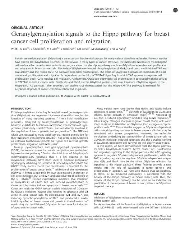 (PDF) Geranylgeranylation signals to the Hippo pathway for breast ...