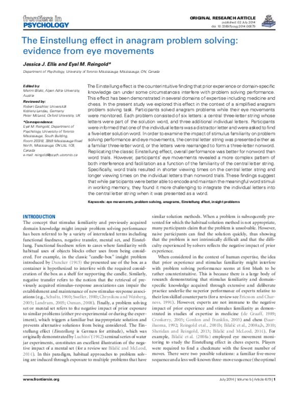 (PDF) The Einstellung effect in anagram problem solving: evidence from ...