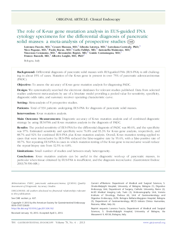 Pdf The Role Of K Ras Gene Mutation Analysis In Eus Guided Fna Cytology Specimens For The