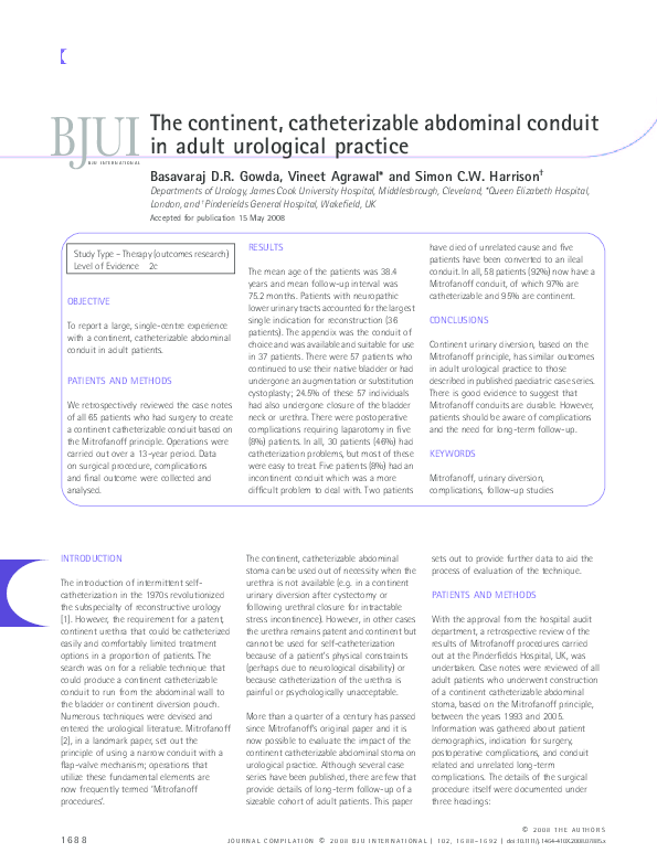 (PDF) The continent, catheterizable abdominal conduit in adult ...