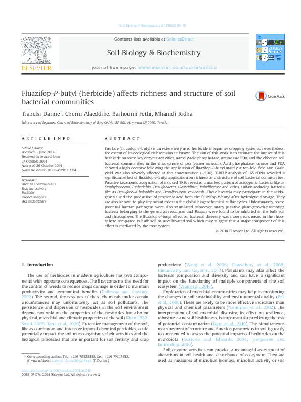 (PDF) Fluazifop-P-butyl (herbicide) affects richness and structure of soil bacterial communities