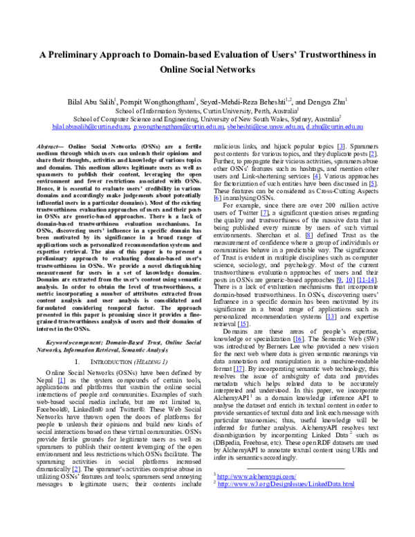 Pdf A Preliminary Approach To Domain Based Evaluation Of Users Trustworthiness In Online