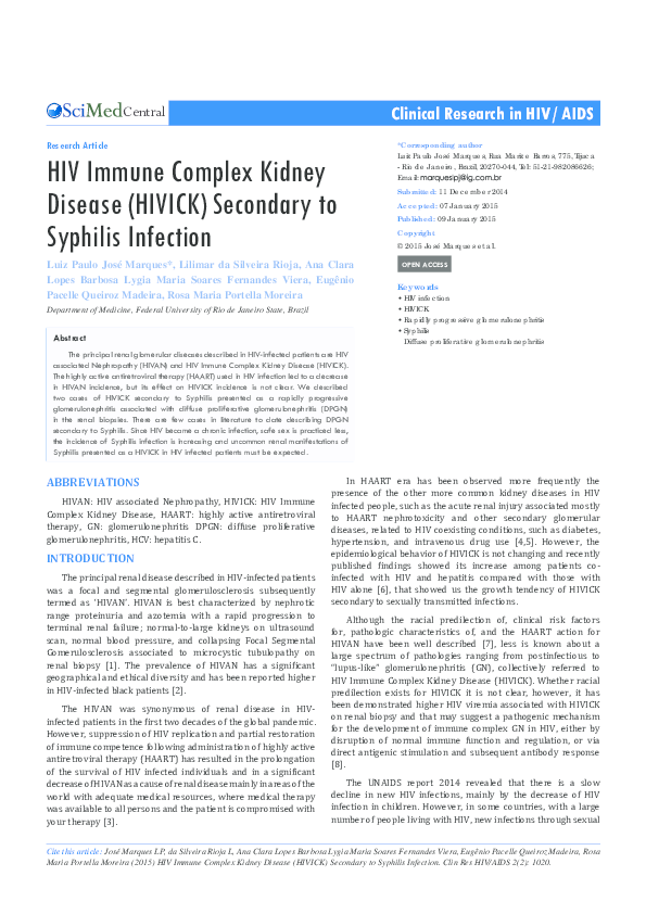 (PDF) HIV Immune Complex Kidney Disease (HIVICK) Secondary to Syphilis ...