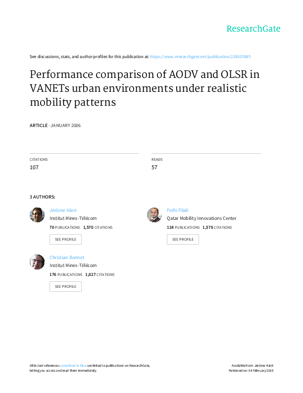 (PDF) Performance comparison of AODV and OLSR in VANETs urban environments under realistic ...