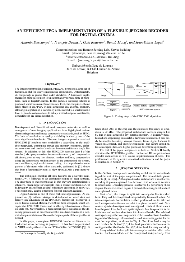 Pdf An Efficient Fpga Implementation Of A Flexible Jpeg2000 Decoder For Digital Cinema 